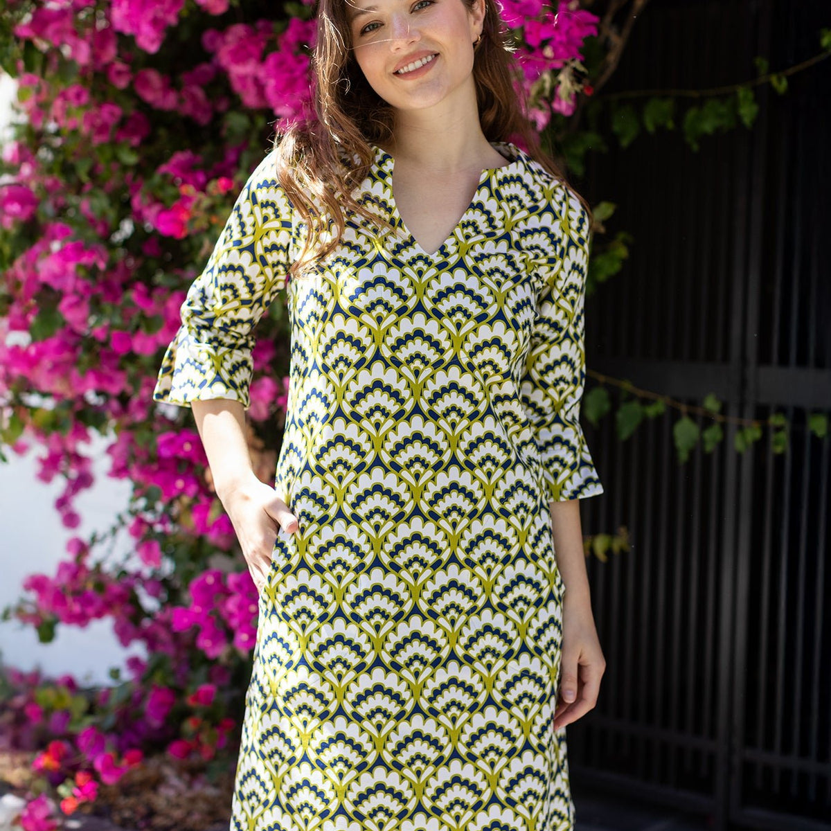 MAEVE dress Geo Shell Olive – Lesley Evers
